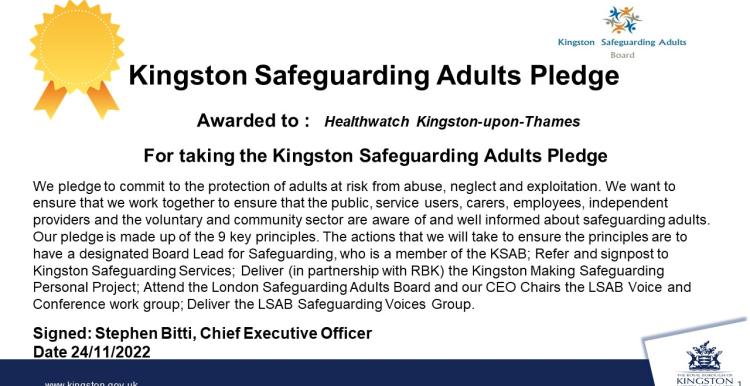 Healthwatch Kingston Safeguarding Adults Pledge | Healthwatch Kingston